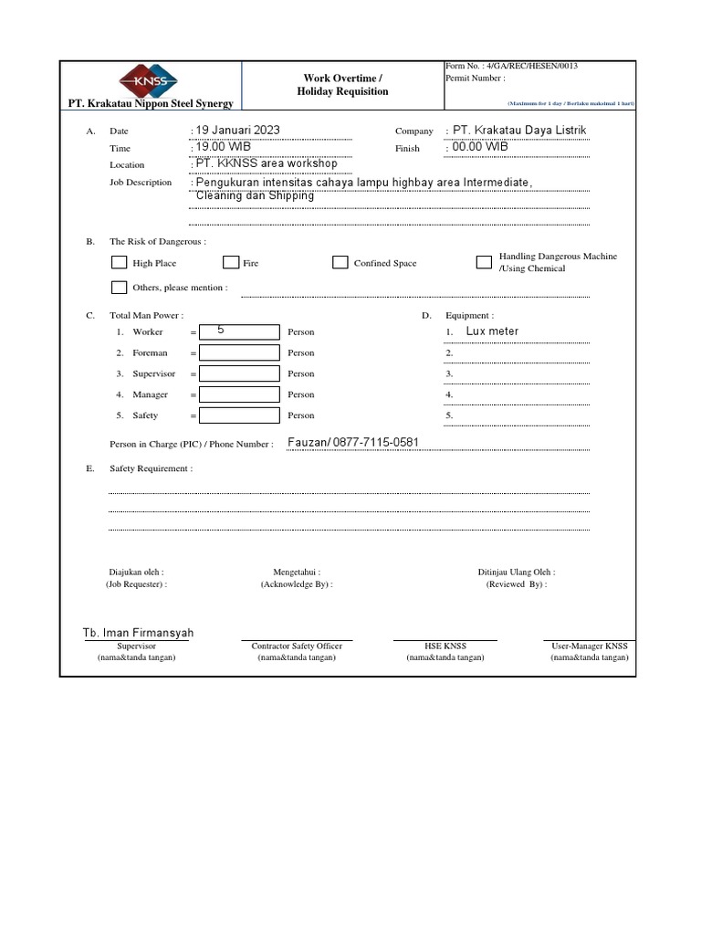 Overtime Work Permit Form | PDF | Safety | Occupational Safety And Health