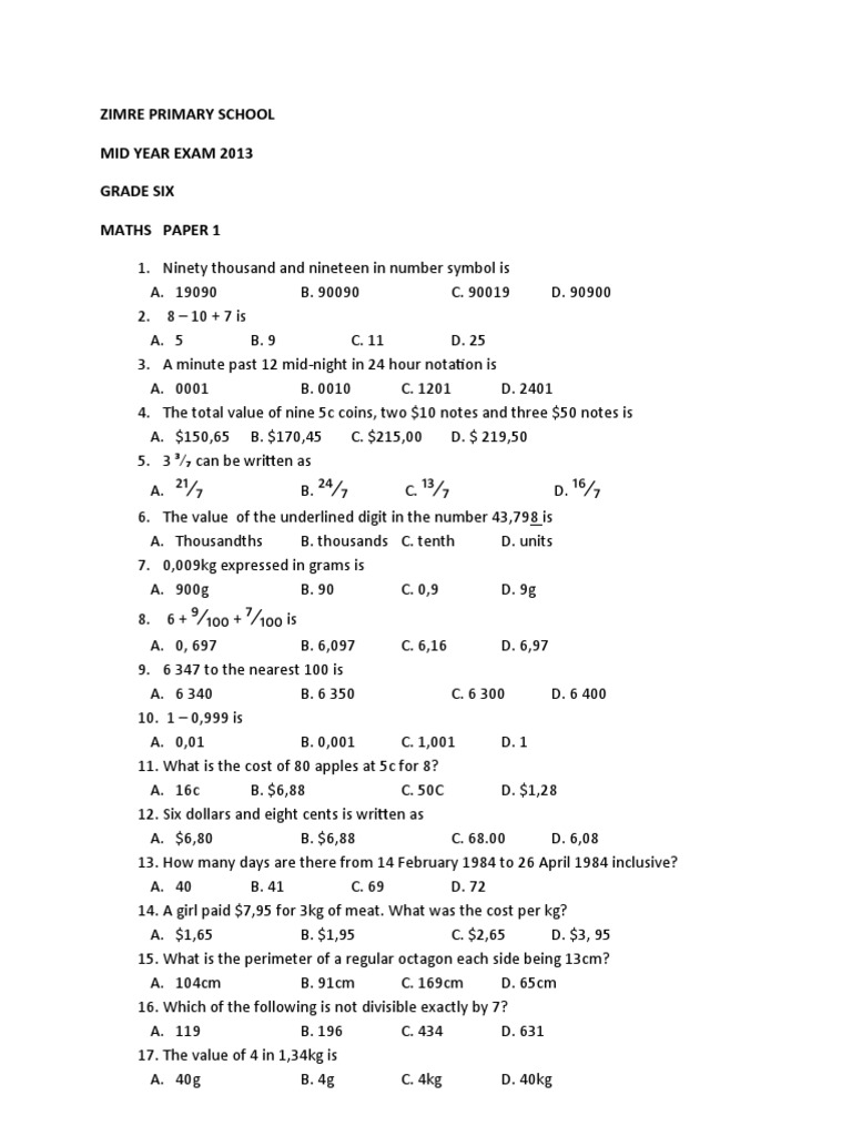 Grade 6 Maths Paper 1-1 | PDF