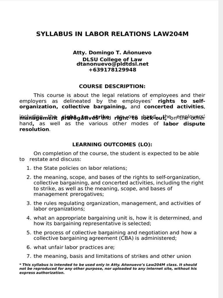 Labor Law 2 Syllabus | PDF | Collective Bargaining | United States ...