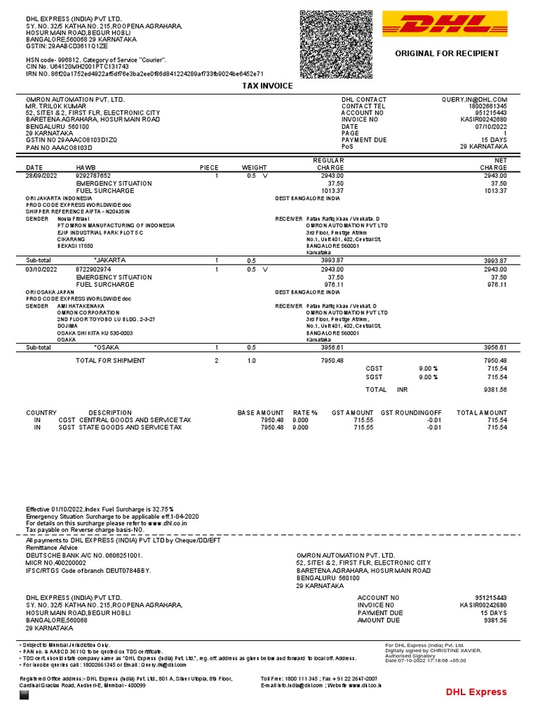 DHL Express Invoice for OMRON Automation | PDF | Payments | Economies