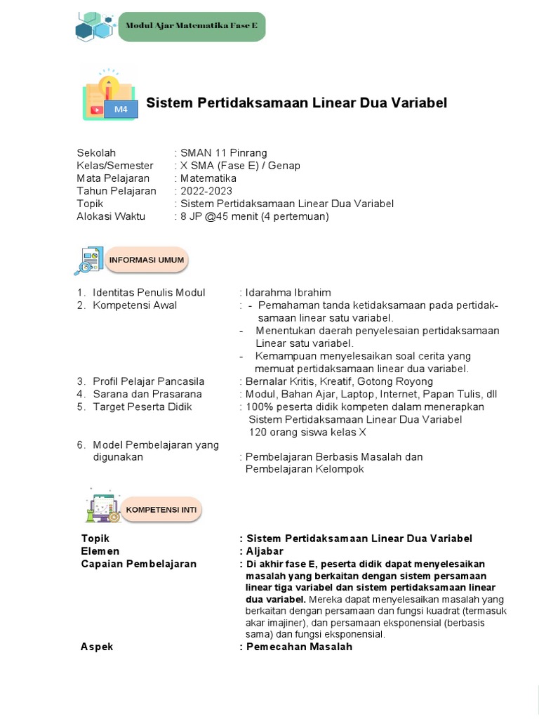 Modul Ajar Pertidaksamaan Linear Dua Variabel | PDF | Metode & Bahan Ajar