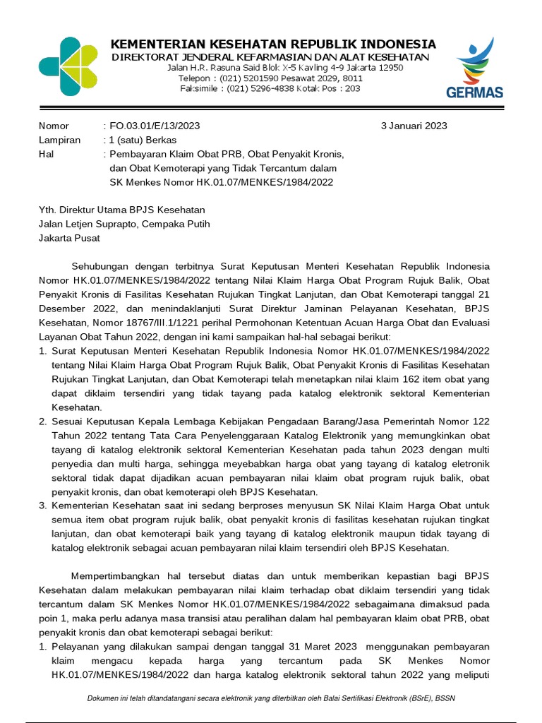 Surat Pembayaran Klaim Obat Prb Penyakit Kronis Dan Kemoterapi Beserta
