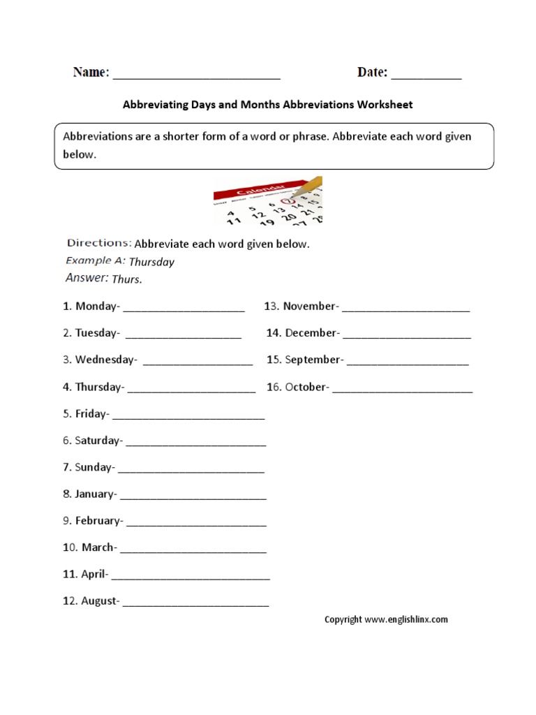 Days and Months Abbreviation Worksheet | PDF
