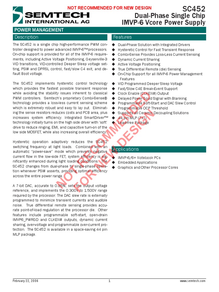 SC452 Dual Phase Single Chip IMVP 6 Vcor | PDF | Integrated Circuit ...