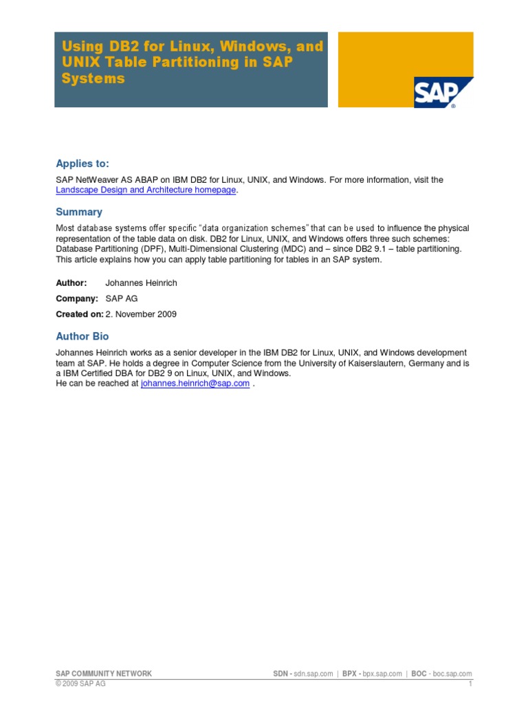 Using DB2 For Linux, Windows, and UNIX Table Partitioning in SAP Systems | PDF | Ibm Db2 ...