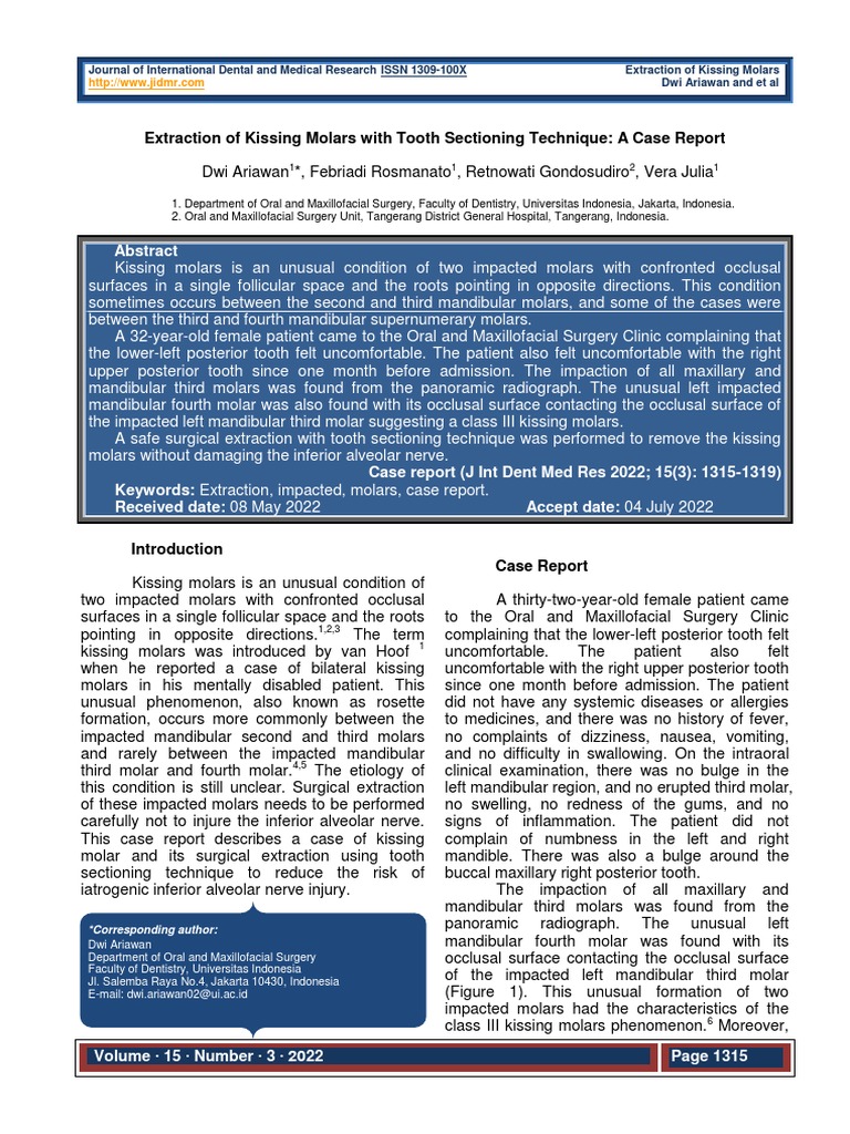 Extraction of Kissing Molars With Tooth Sectioning Technique | PDF ...