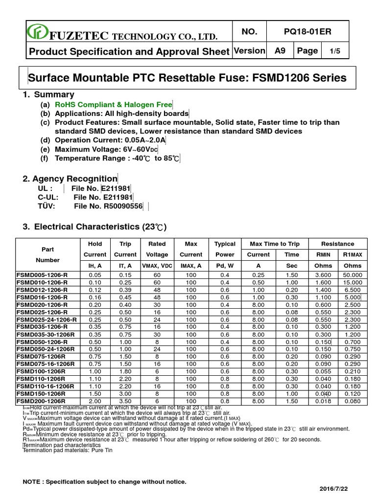 Fusetech Resettable Fuse | PDF | Manufactured Goods | Electrical Engineering