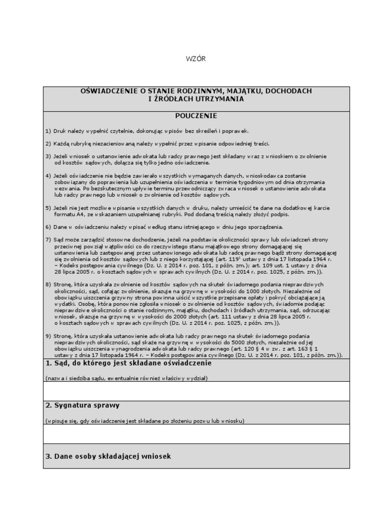 Oświadczenie O Stanie Rodzinnym, Majątku, Dochodach I Źródłach Utrzymania Pouczenie | PDF