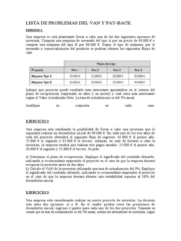 Análisis de Inversiones: VAN y Payback | PDF | Valor presente neto | Economias