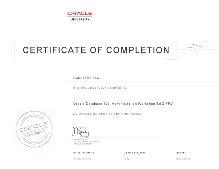 Oracle 12c Administration Workshop Ed.2 - Certificate | PDF