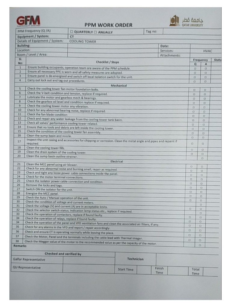 Cooling Tower PPM Check List | PDF