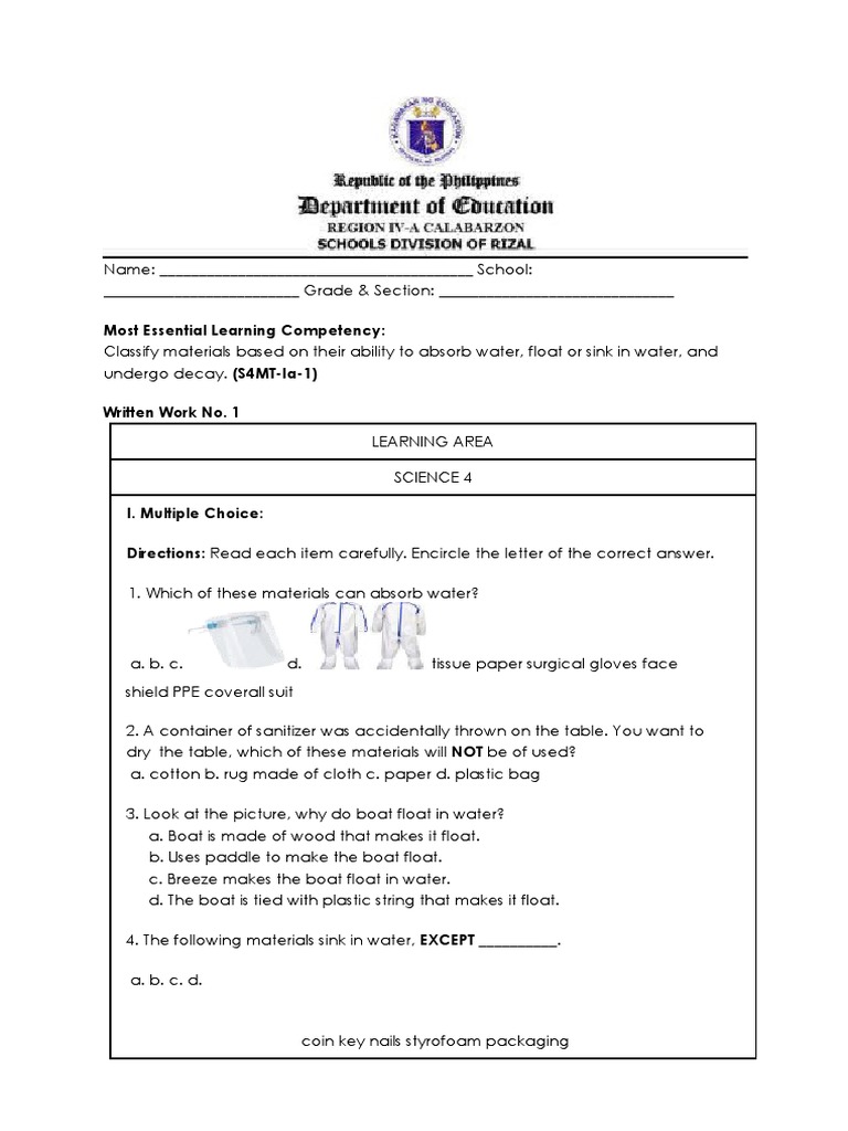Grade 4 - Q1 - WW1 - Science | PDF | Materials | Building Materials