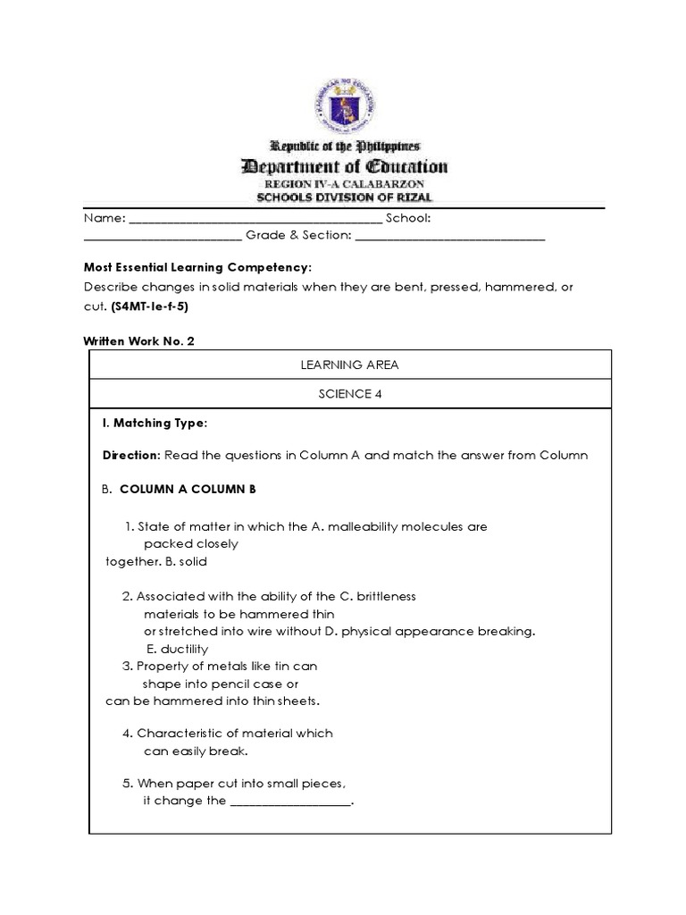 Changes in Solid Materials: A Science Worksheet on Bending, Pressing ...