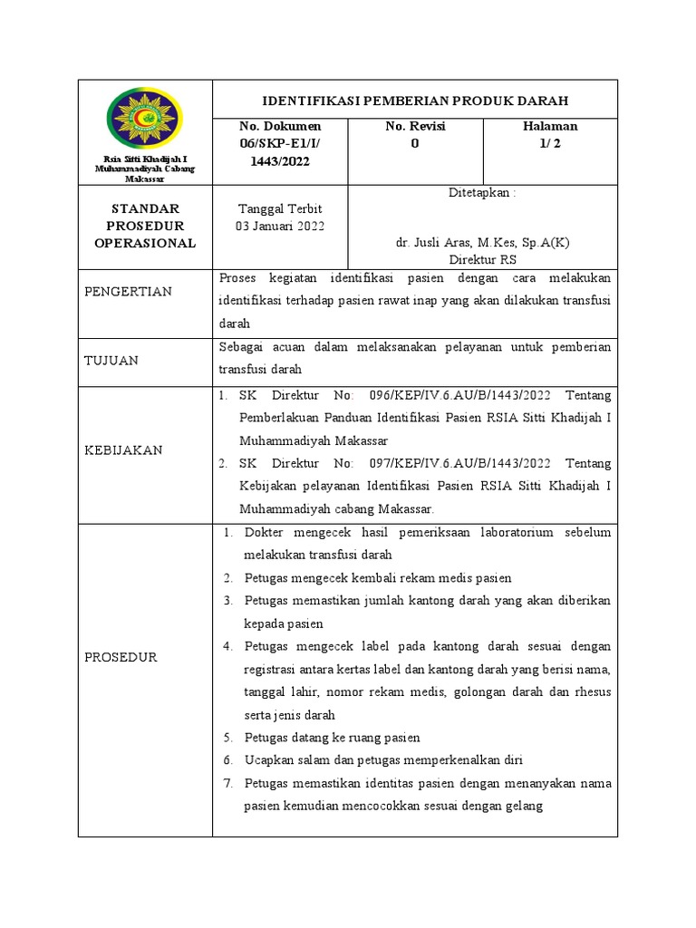 Sop Identifikasi Pemberian Produk Darah | PDF