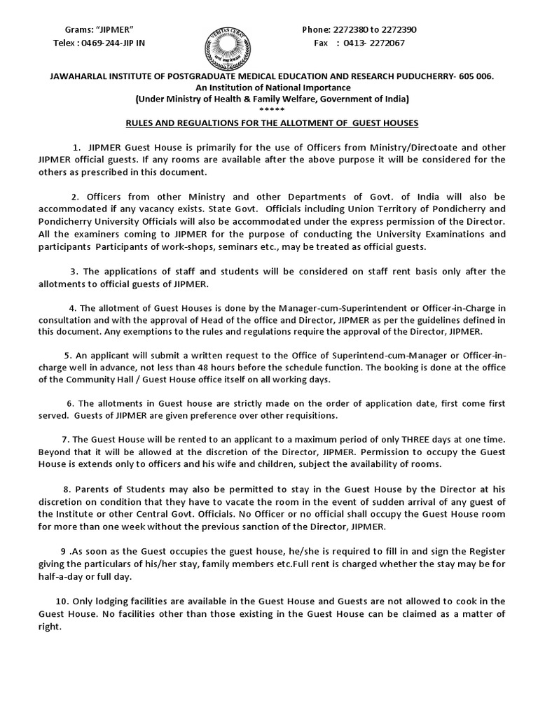 JIPMER Guest House Rules & Regulations | PDF | Government | Justice