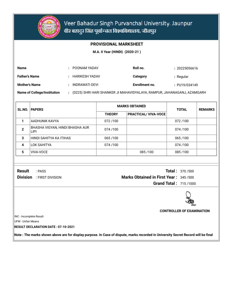 Provisional Marksheet for Poonam Yadav's Second Year M.A. in Hindi | PDF