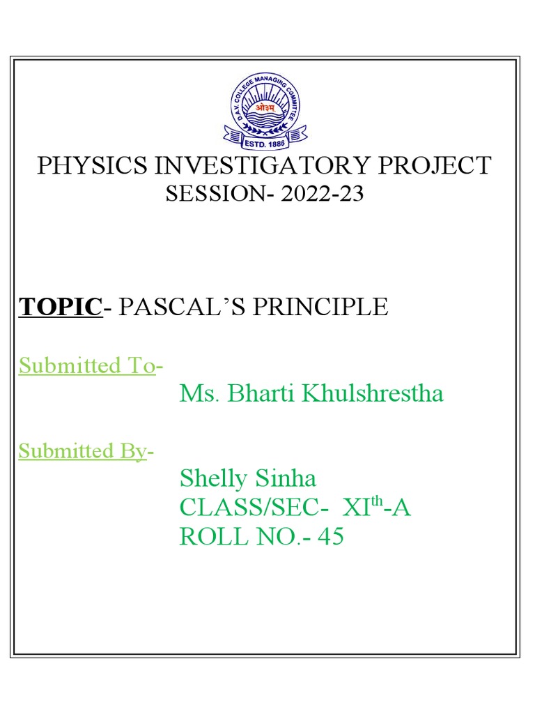 Physics Investigatory Project | PDF | Pressure | Force