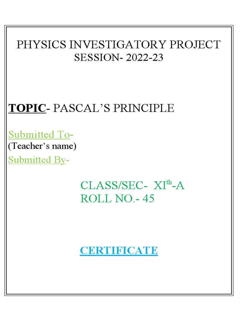 Physics Investigatory Project | PDF | Pressure | Force