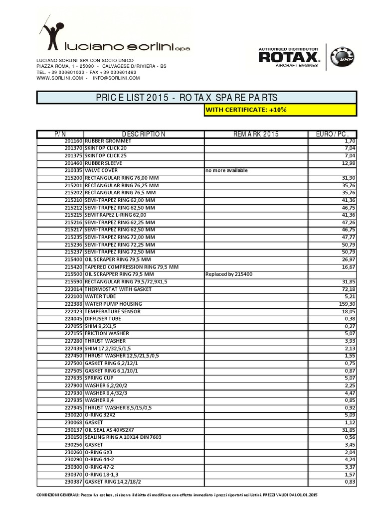 Rotax Spare Parts Price List 2015 | PDF | Screw | Electrical Connector