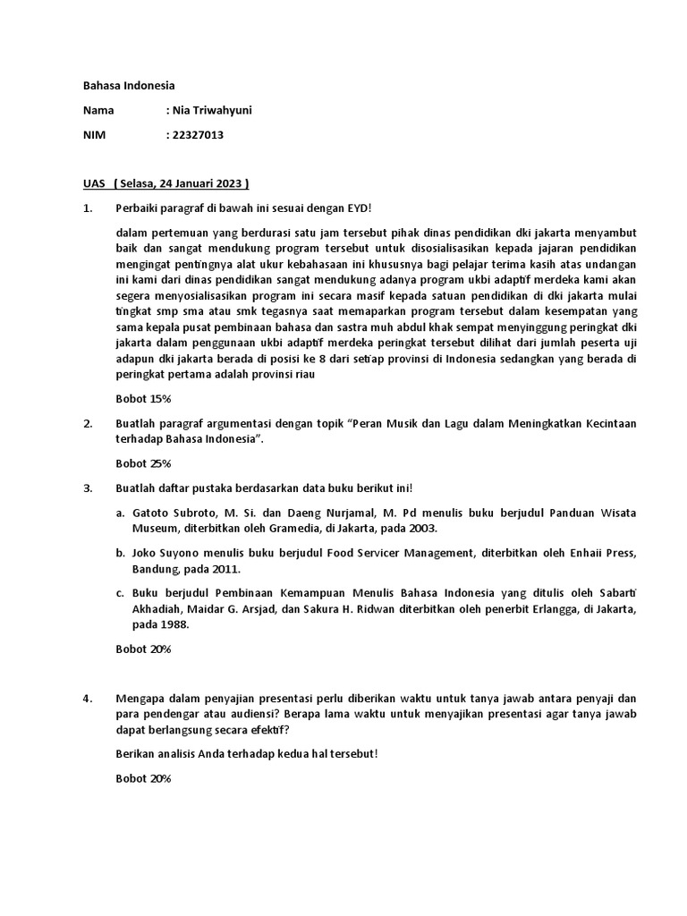 UAS B. Indonesia-Nia - (22327013) (UAS-32-086) | PDF