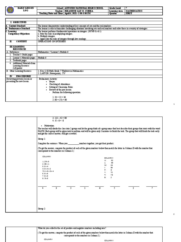 Dll-Cot Multiplication of Integers | PDF | Multiplication | Learning