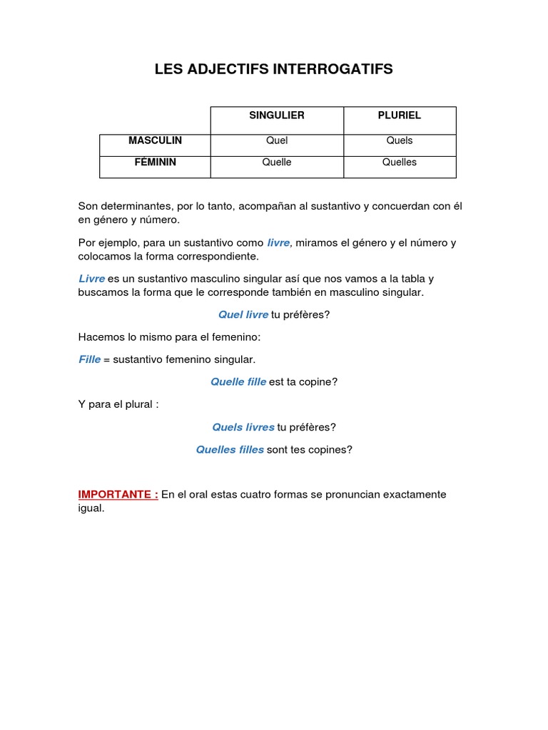 Les Adjectifs Interrogatifs Quel | PDF