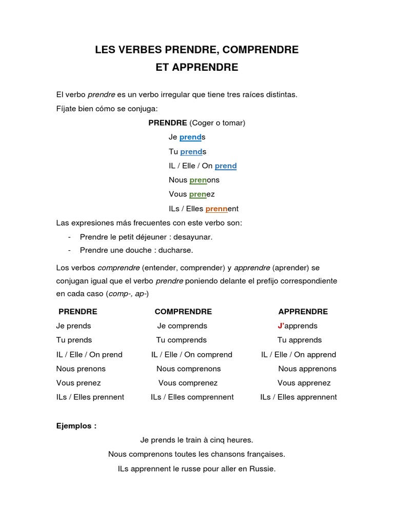 Les Verbes Prendre, Comprendre Et Apprendre | PDF | Arts du langage et ...