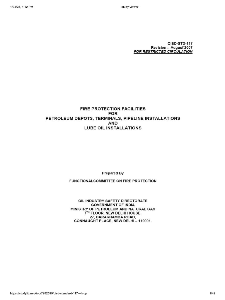 OISD 117 Fire Protection | PDF