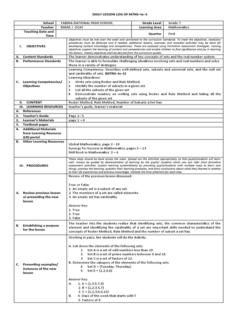 Lesson Plan Set Notation | PDF | Set (Mathematics) | Learning
