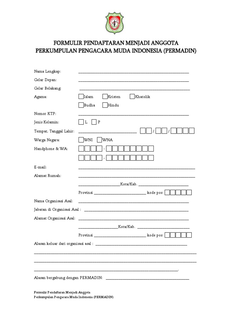 Formulir Menjadi Anggota Baru Permadin | PDF