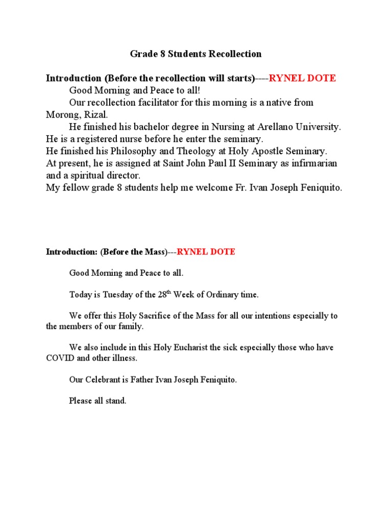 Grade 8 Students Recollection | PDF | Glory (Religion) | God