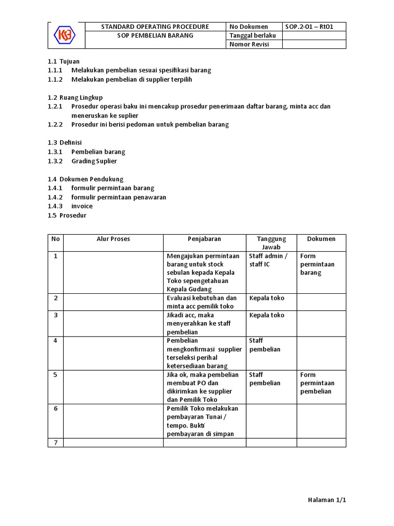 SOP Pembelian Barang dan Prosedurnya | PDF