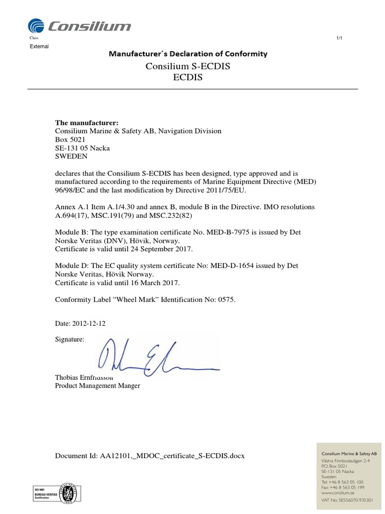 AA12101, MDOC Certificate S-ECDIS | PDF