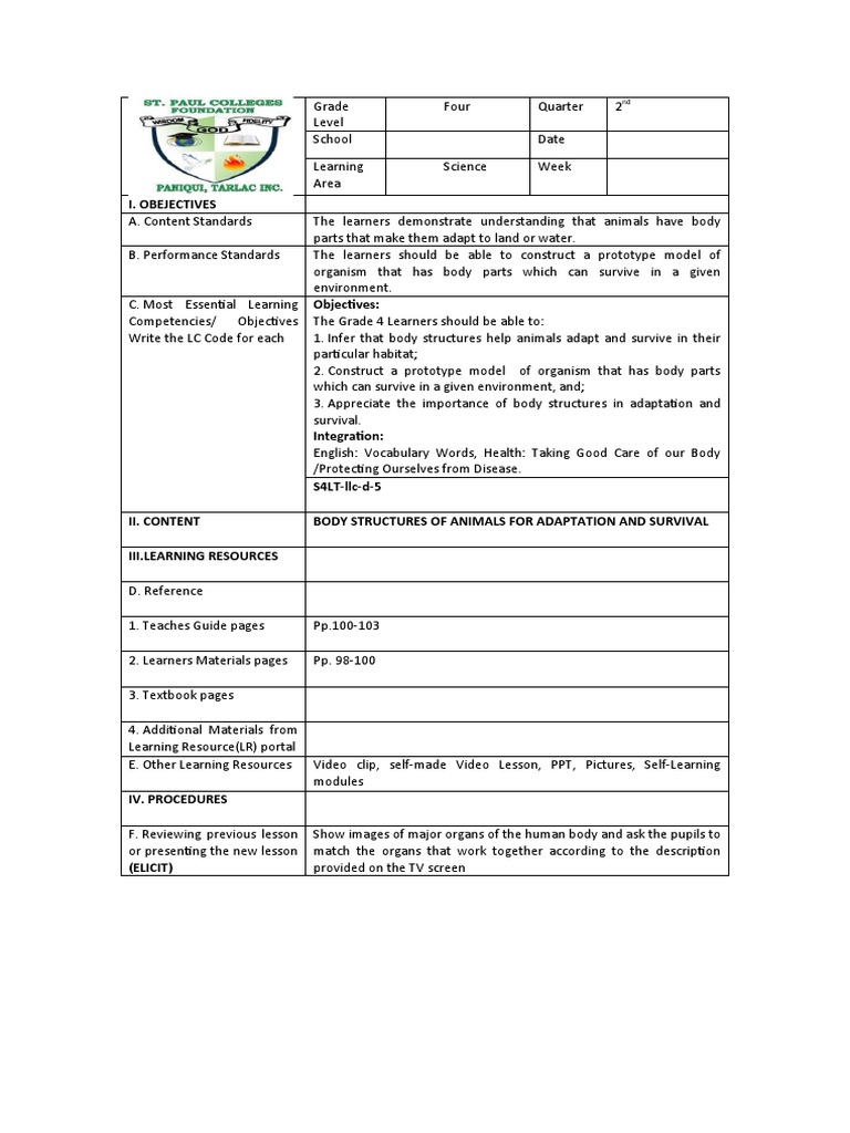 Grade 4 Animal Adaptations Lesson Plan | PDF | Learning | Adaptation