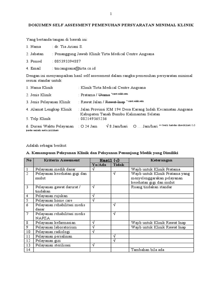 Dokumen Self Assesment Pemenuhan Persyaratan Minimal Klinik New | PDF