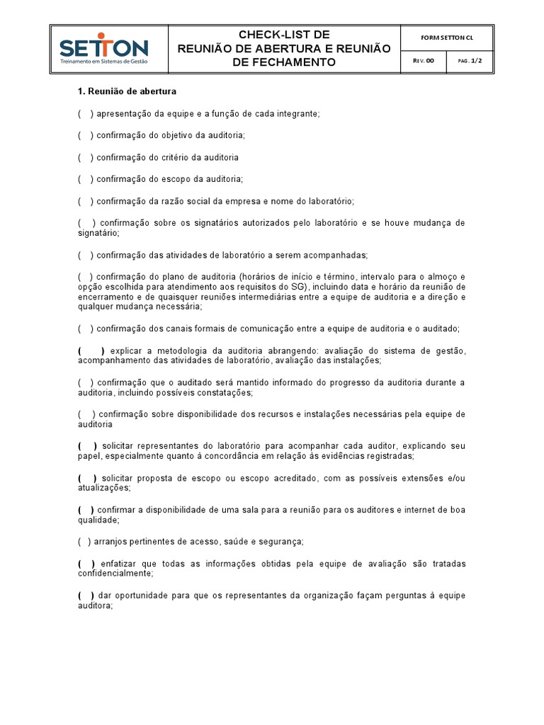 Check List - Reunião de Abertura e Fechamento | PDF | Auditoria