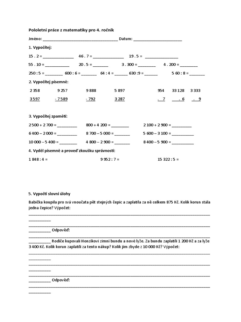 Pololetní Práce Z Matematiky Pro 4 | PDF