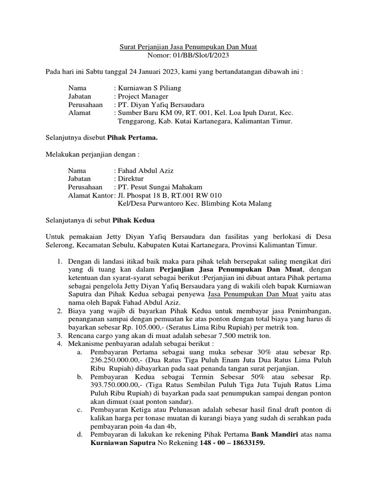 Surat Perjanjian Sewa Lahan Dan Jasa Muat Kotrak Update Terbaru | PDF