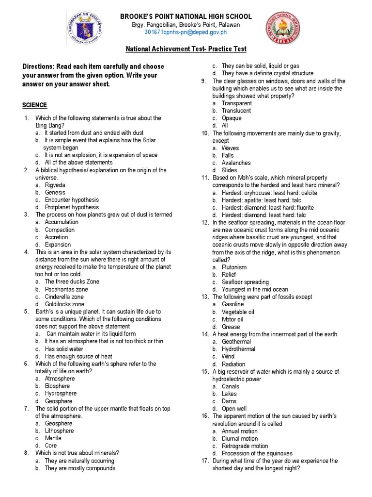 BPNHS NAT Practice Test | PDF | Cell (Biology) | Water