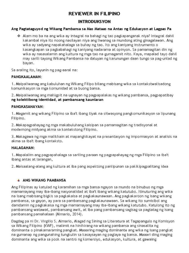 Reviewer in Filipino | PDF