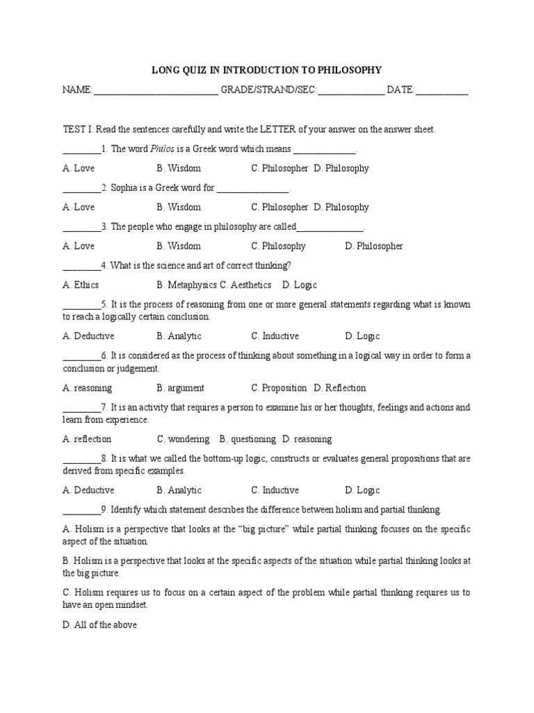 Long Quiz on Philosophy Basics | PDF | Logic | Thought