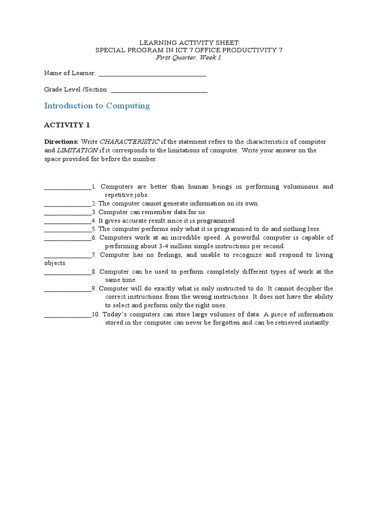 ICT 7 Office Productivity Activities | PDF | Input/Output | Educational ...
