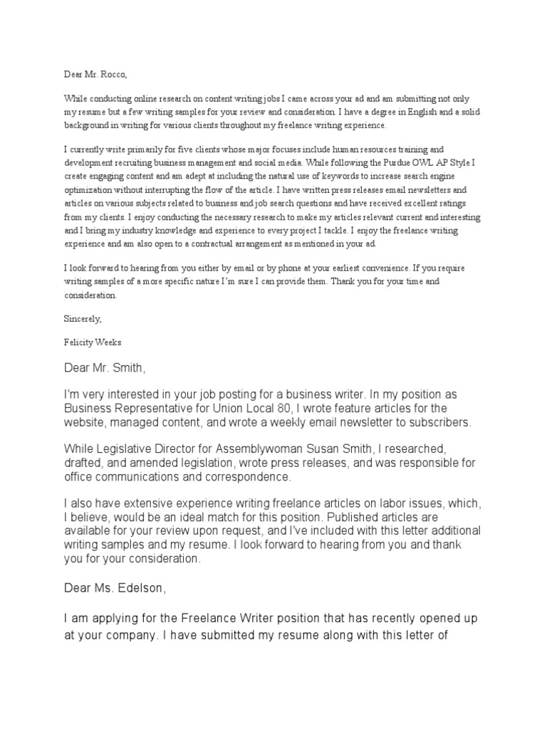 Freelance Writer Cover Letter | PDF | Résumé | Freelancer