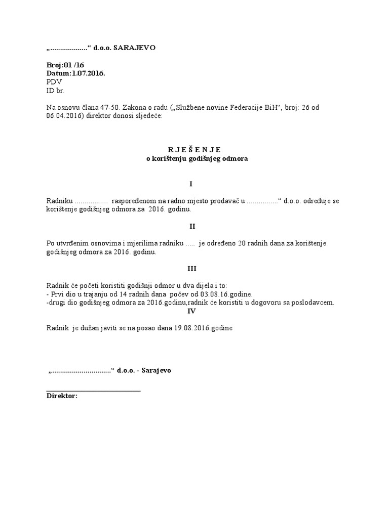Rješenje Godišnji Odmor Urnek | PDF