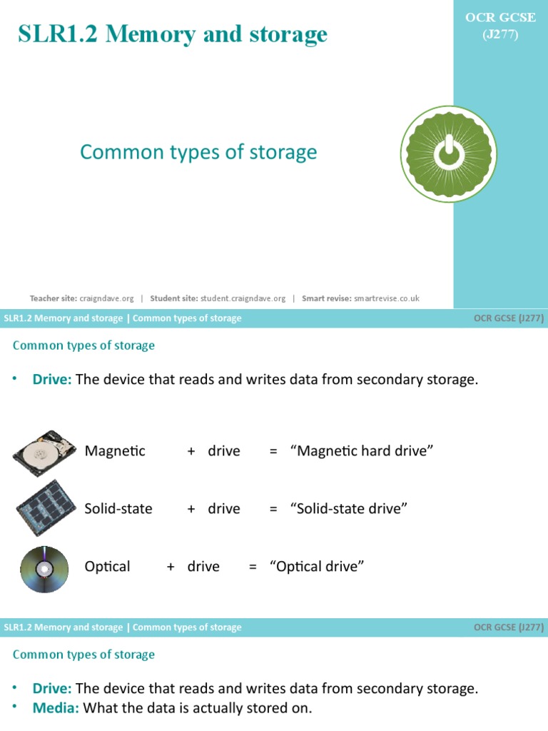 Gcse Ocr 1 2 Common Types Of Storage Download Free Pdf Computer Data Storage Solid State Drive