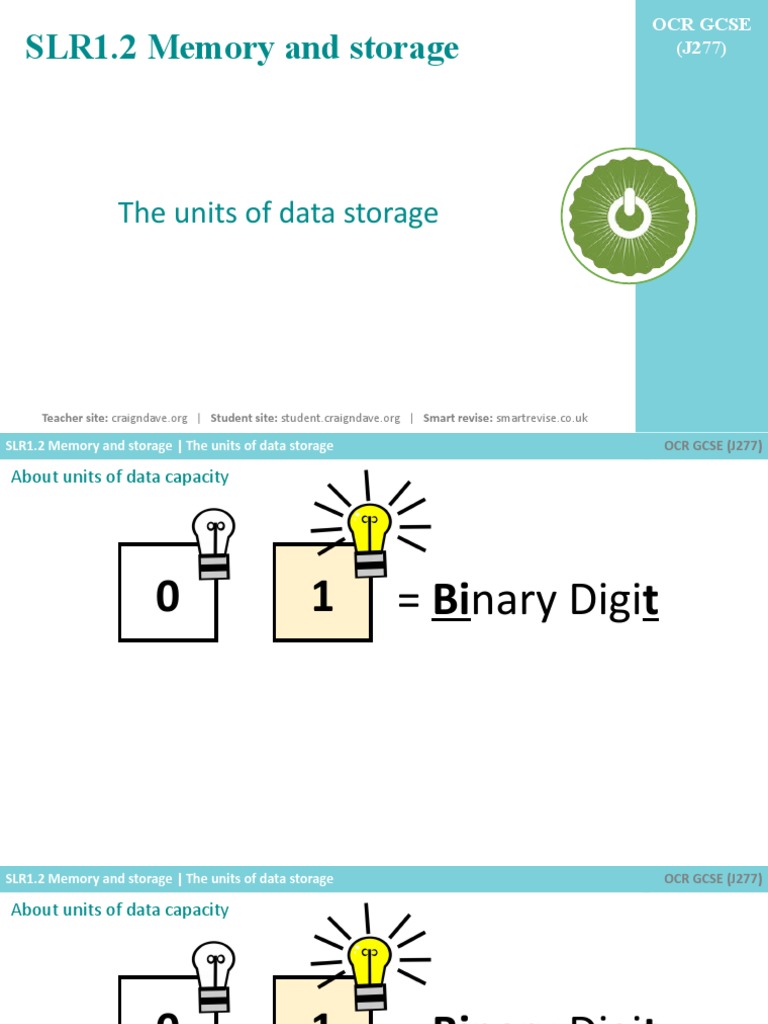 Gcse Ocr 1 2 The Units Of Data Storage Pdf Byte Bit