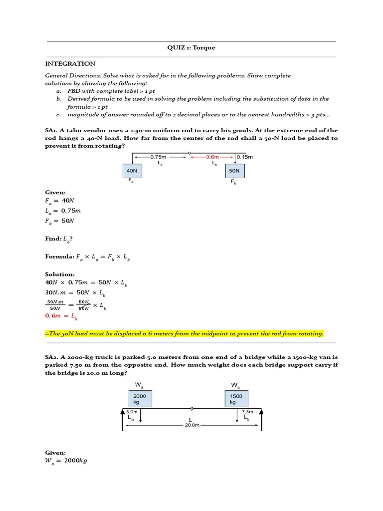 Torque Quiz: Problem Solutions and Formulas | PDF | Torque | Physical ...