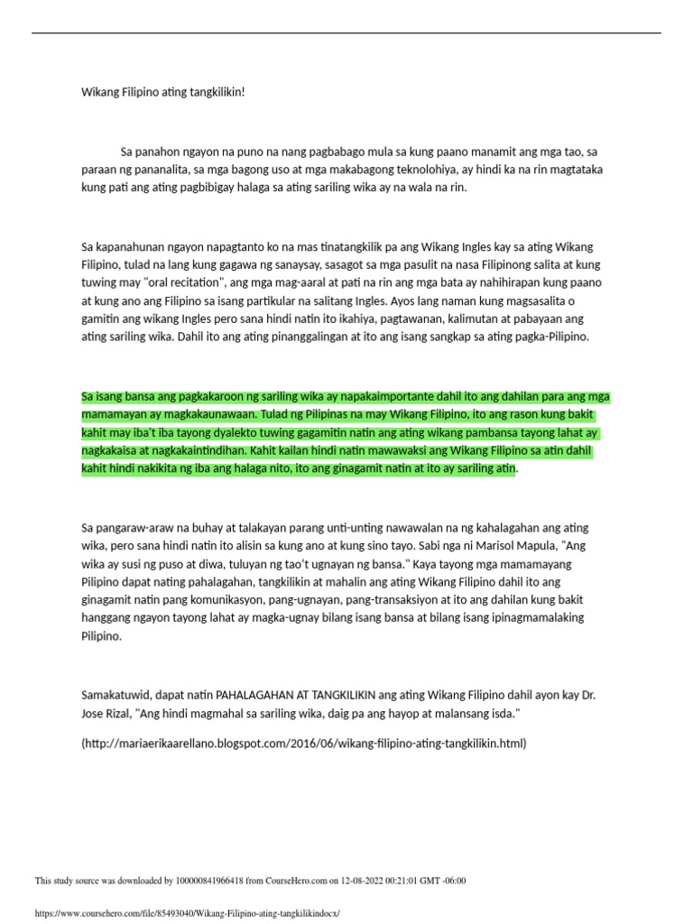 Wikang Filipino Ating Tangkilikin | PDF