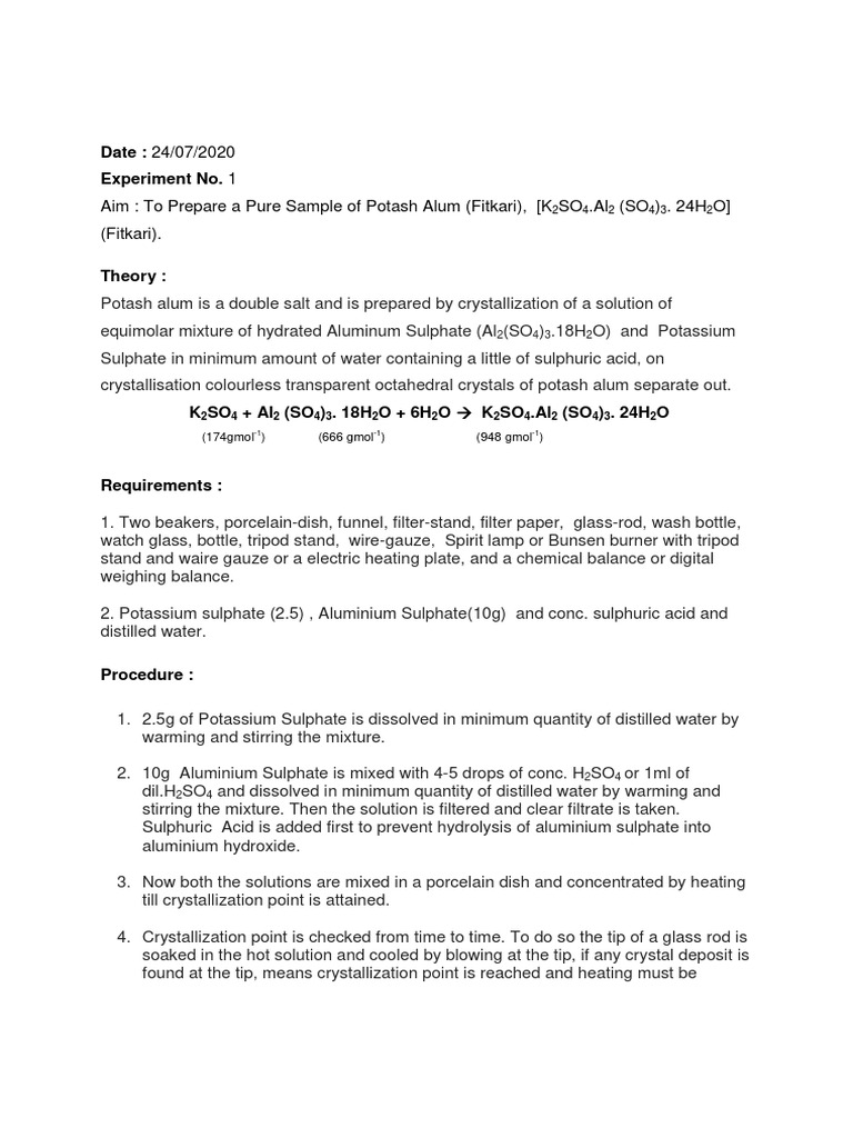 Preparation of Potash Alum and Mohr's Salt: A Study of Double Salt ...