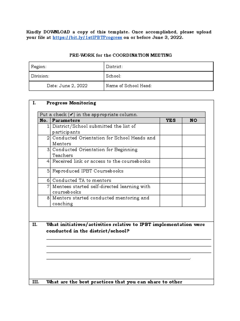 IPBT Progress Monitoring Checklist and Questions | PDF